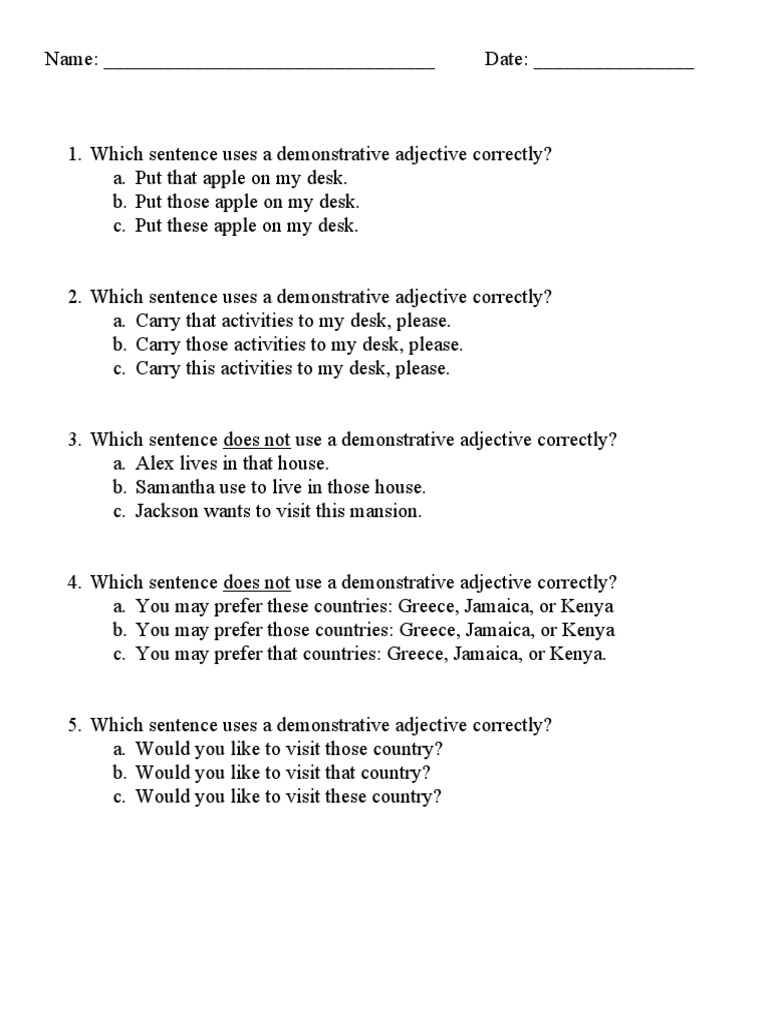 Demonstrative Adjective Quiz | PDF