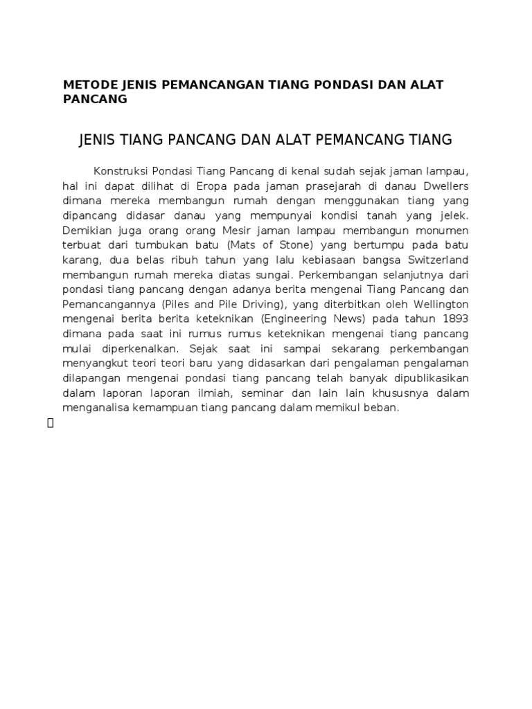 Metode Jenis Pemancangan Tiang Pondasi Dan Alat Pancang | PDF