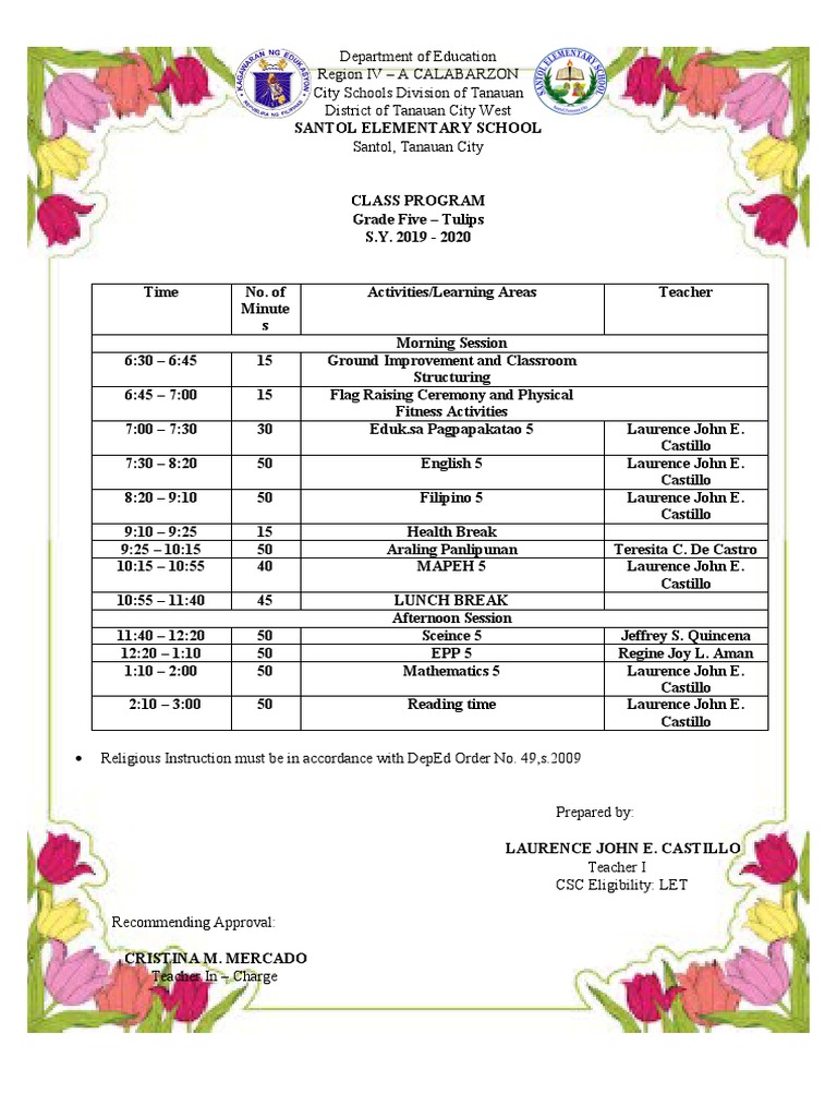 Class Program 2018 - 2019 | PDF | Teachers | Classroom