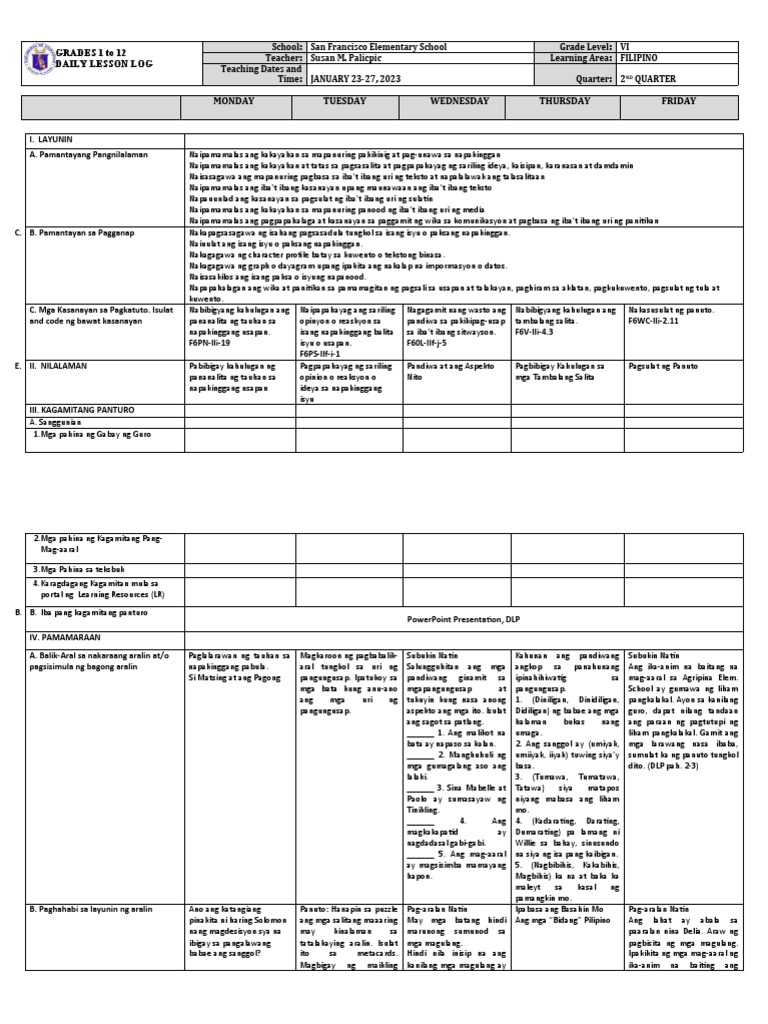 DLL - Filipino 6 - Q2 - W9 | PDF