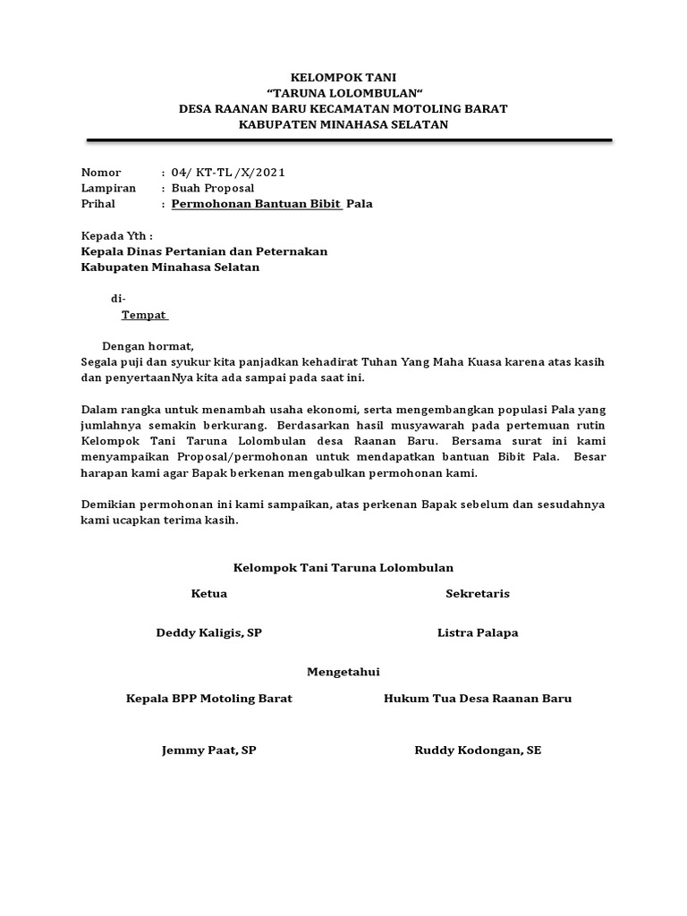Proposal Permohonan Bantuan Bibit Pala | PDF