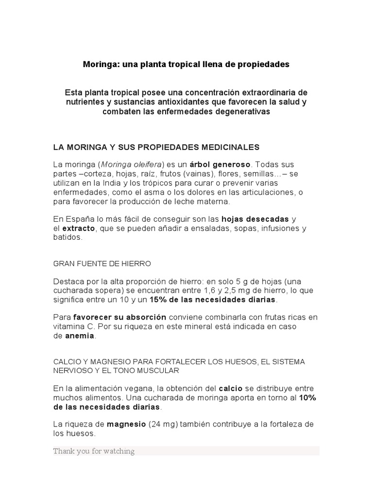 Moringa: Beneficios y Propiedades Nutricionales | PDF | Alergia | Antioxidante