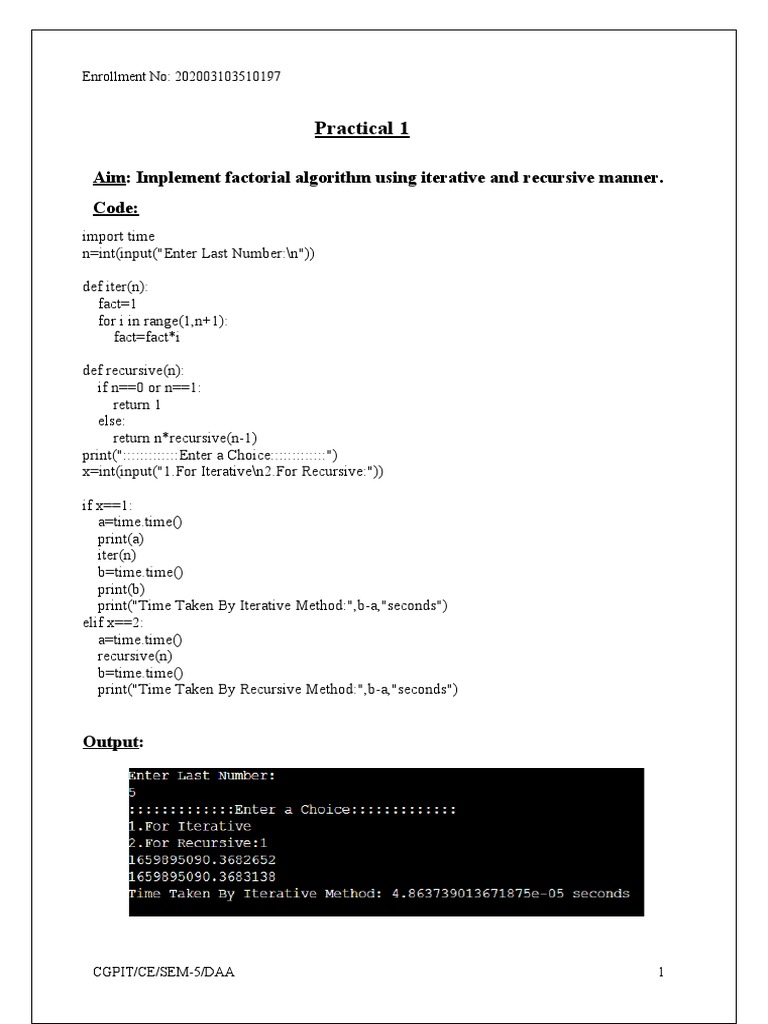 Practical 1: Aim: Implement Factorial Algorithm Using Iterative and ...
