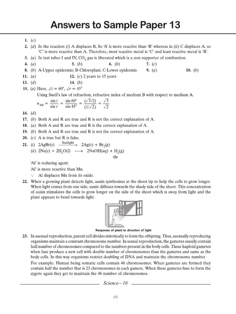 Cbse cl10 Ead Science Answers To Paper 13 | PDF