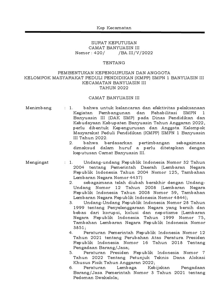 SK Kelompok Masyarakat Peduli Pendidikan SMPN 1 Ba Iii 2022 | PDF
