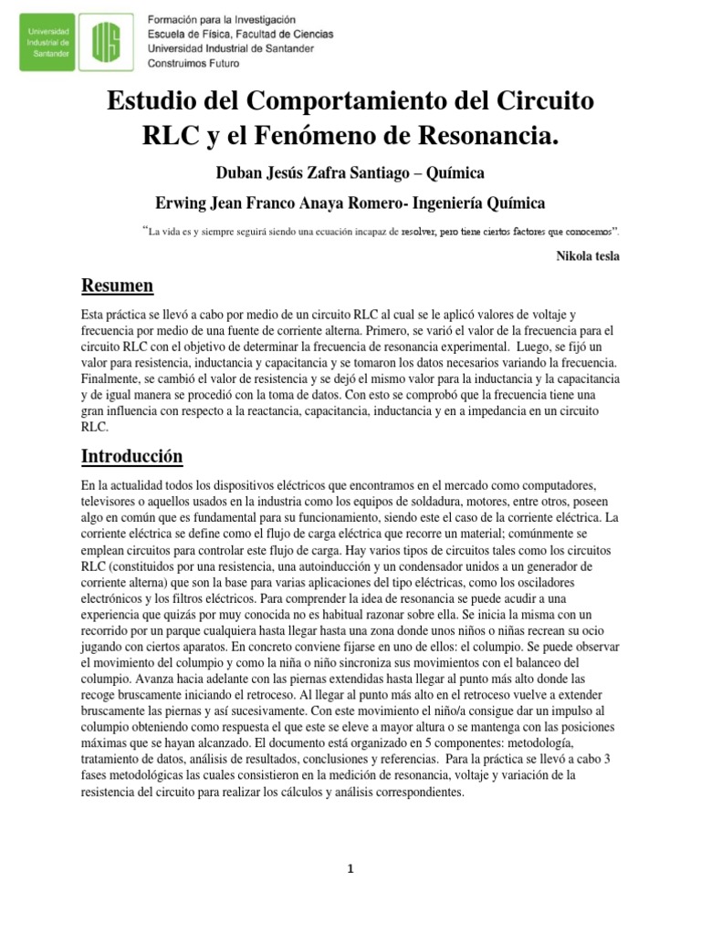 Estudio Del Comportamiento Del Circuito RLC y El Fenómeno de Resonancia | PDF | Impedancia ...