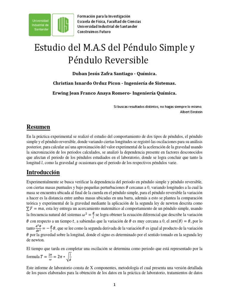 Estudio Del M.A.S Del Péndulo Simple y Péndulo Reversible | PDF | Péndulo | Oscilación