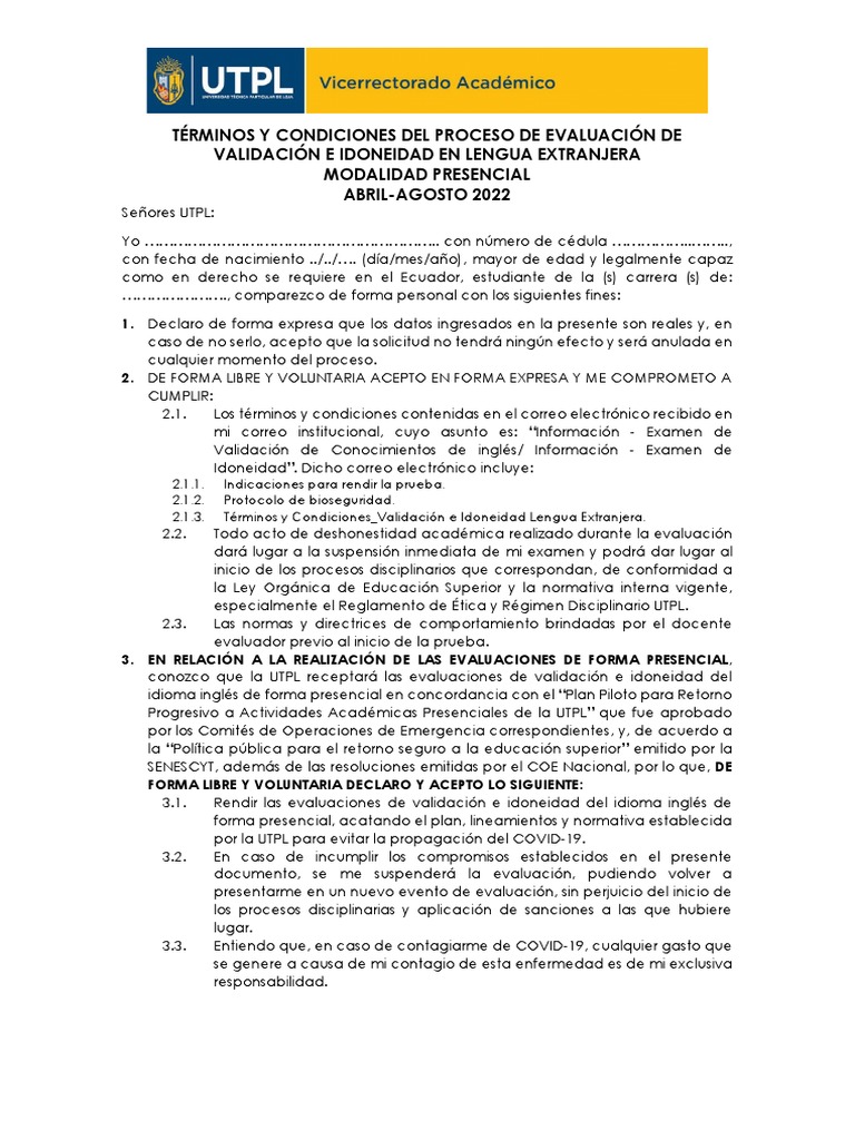 Términos y Condiciones Del Proceso de Evaluación de Vali | PDF | Prueba (evaluación) | Gobierno