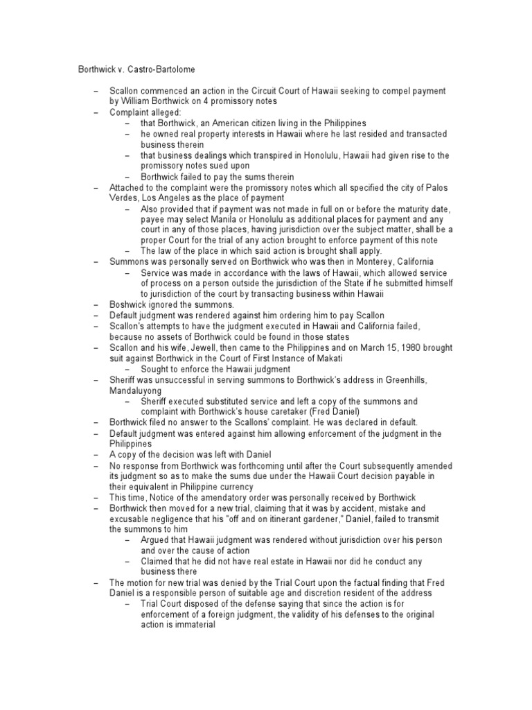 Borthwick v. Castro-Bartolome Case Summary | PDF | Lawsuit | Judgment (Law)