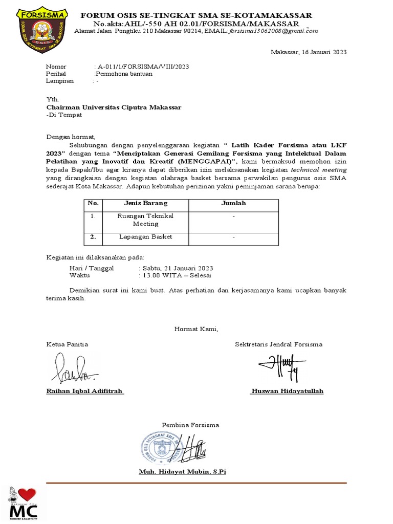 Surat Permohonan Bantuan TM UC | PDF