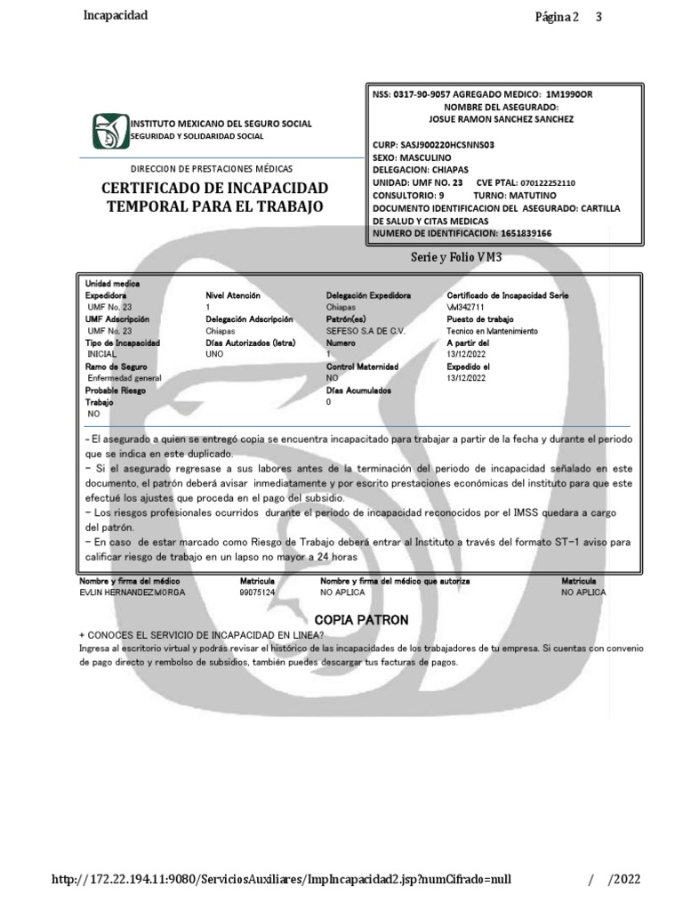 Incapacidad Imss Josue 13.12.22 | PDF