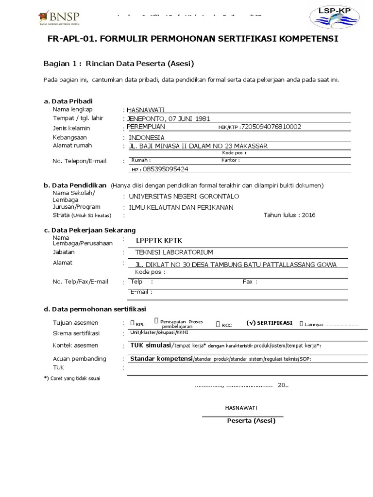 FR-APL-01.Rev.01 (Permohonan) LSP | PDF