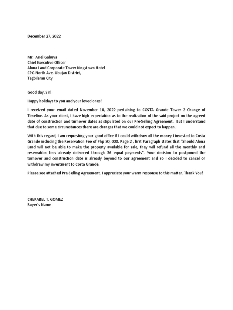 Letter Reply To Change of Timeline | PDF