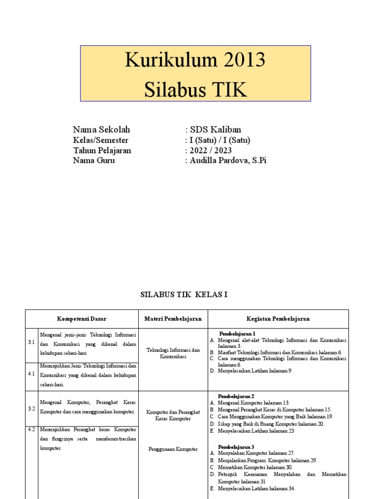 Silabus TIK 1 Semester 1 Dan 2 | PDF