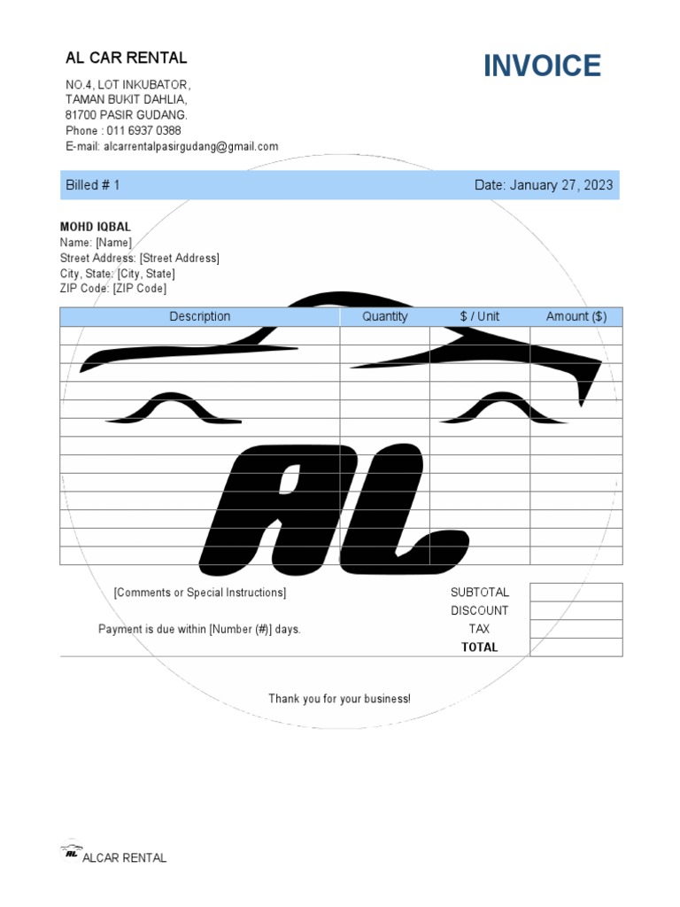 Car Rental Invoice Template | PDF