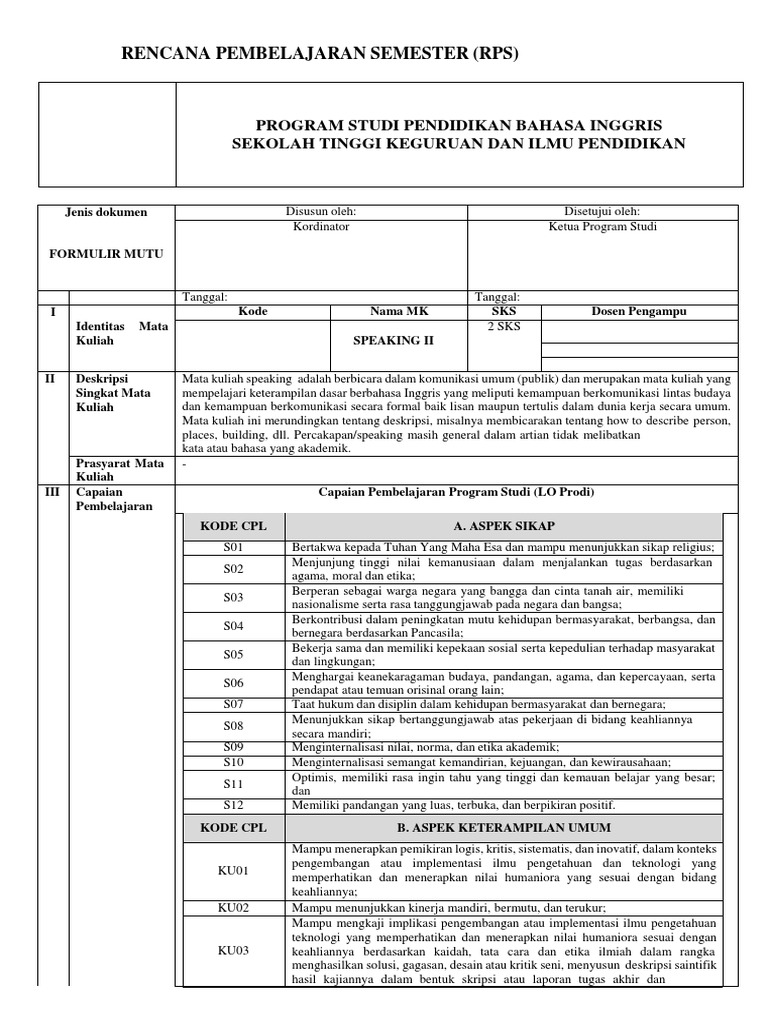 RPS Speaking 2 | PDF | Karier & Perkembangan | Seni & Disiplin Bahasa