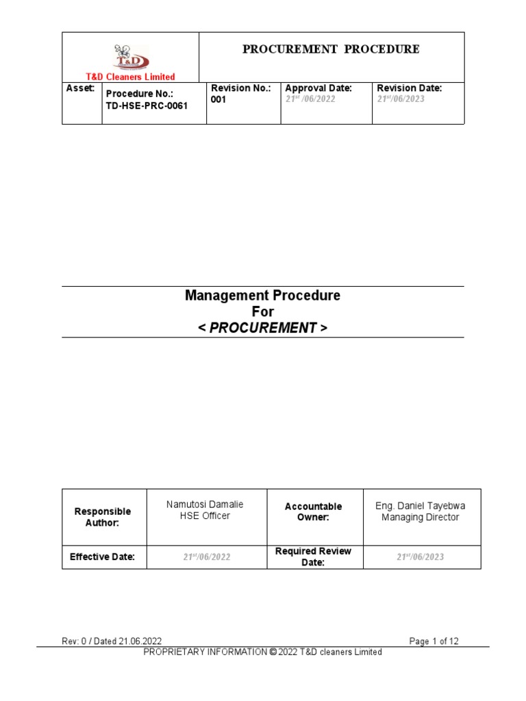 T&D-HSE-PRC-0061 Procurement Procedure | PDF | Procurement | Business