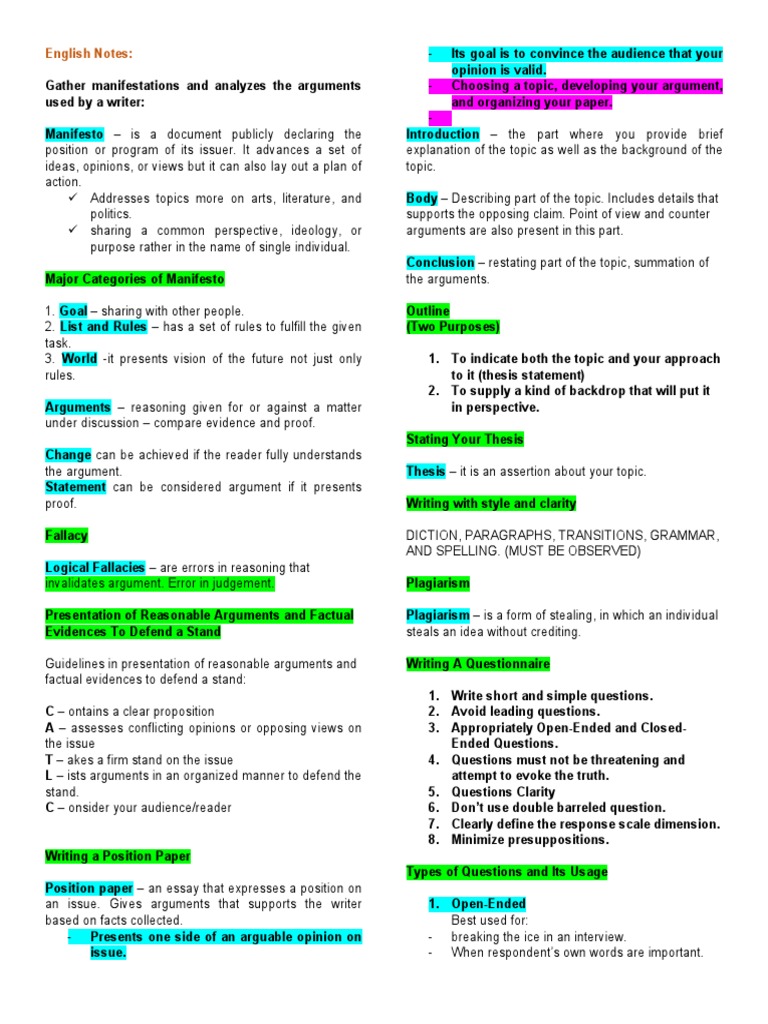 English Notes (Kutob Ranis OBSERVATION) | PDF | Argument | Questionnaire