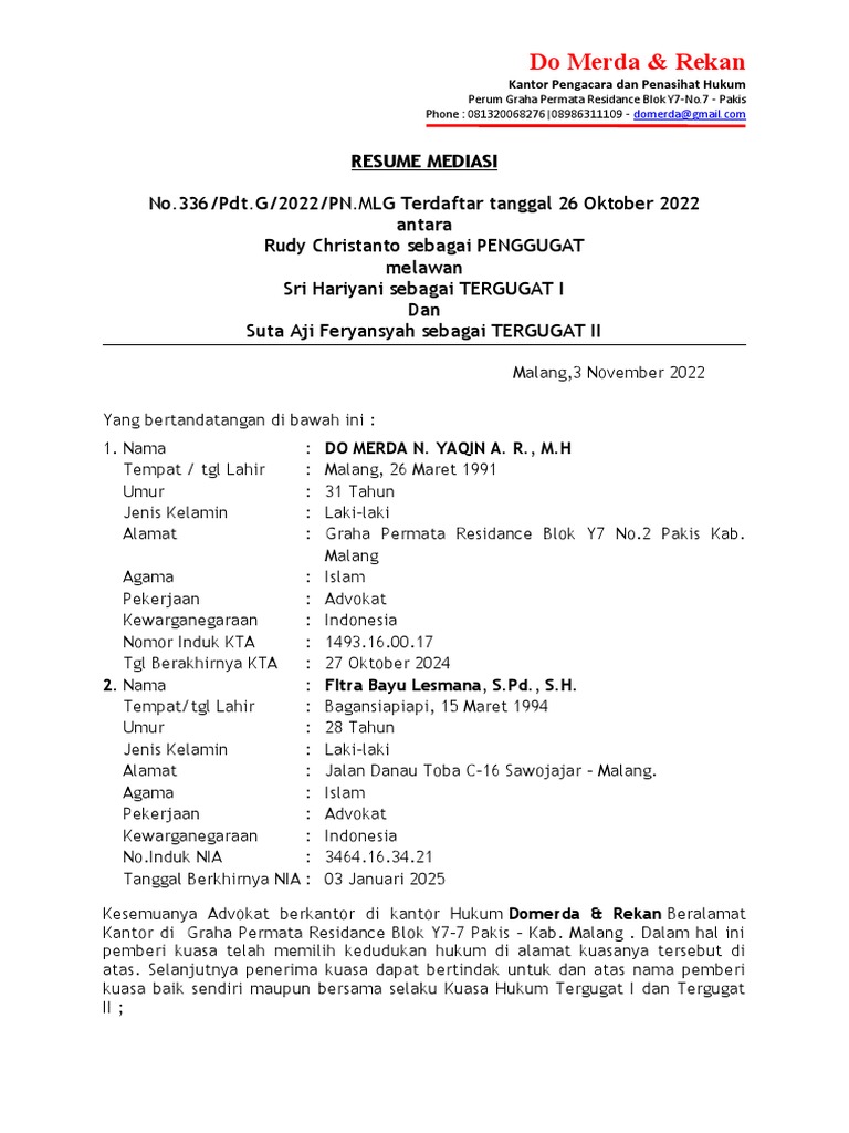 Resume Mediasi Perdata Malang 2022 | PDF
