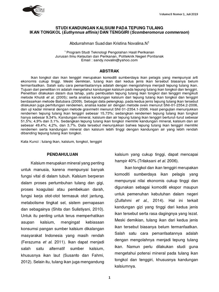 Jurnal 5 - Studi Kandungan Kalsium Pada Tepung Tulang - Ikan Tongkol (Euthynnus Affinis) Dan ...