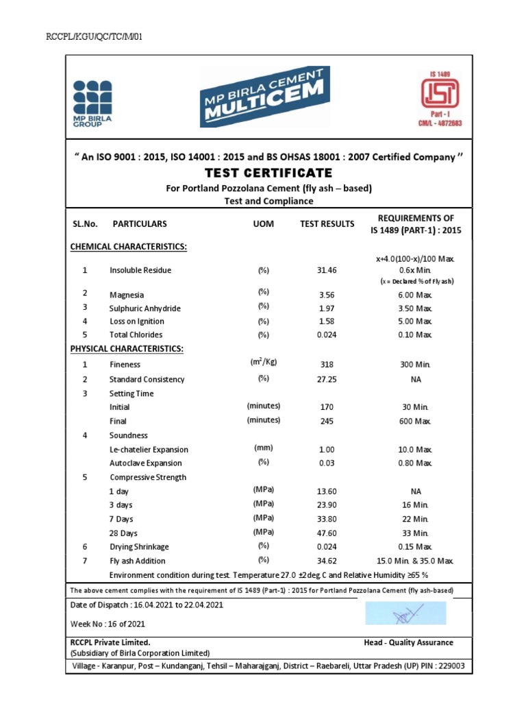 MultiCem TC Week No 16-2021 | PDF | Cement | Fly Ash