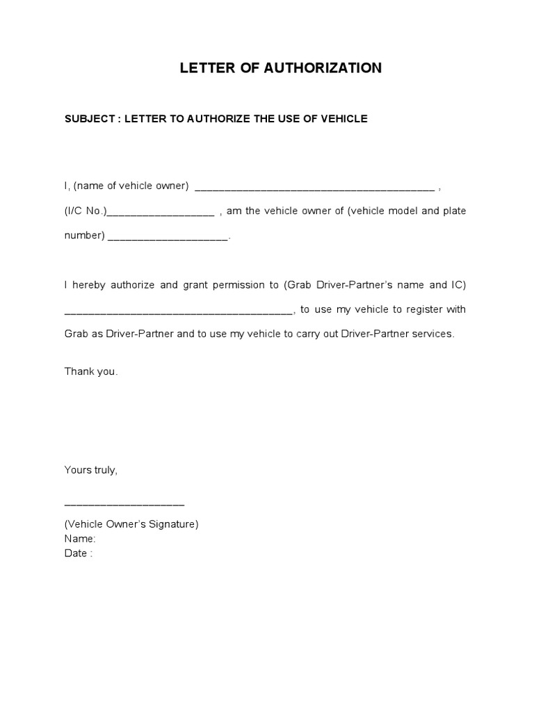 GRAB Authorization Letter Sample | PDF