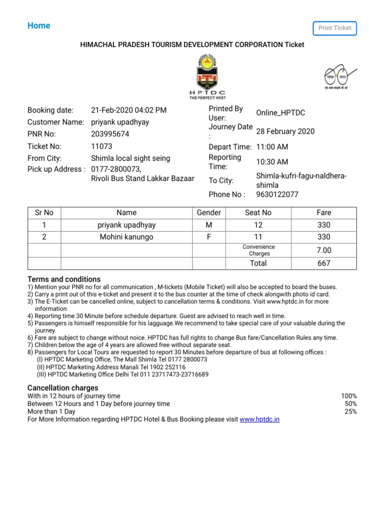 Himachal Tourism (HPTDC) - Ticket | PDF | Bus | Public Transport