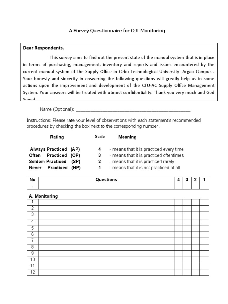 Survey Questionnaire For OJT Monitoring System | PDF