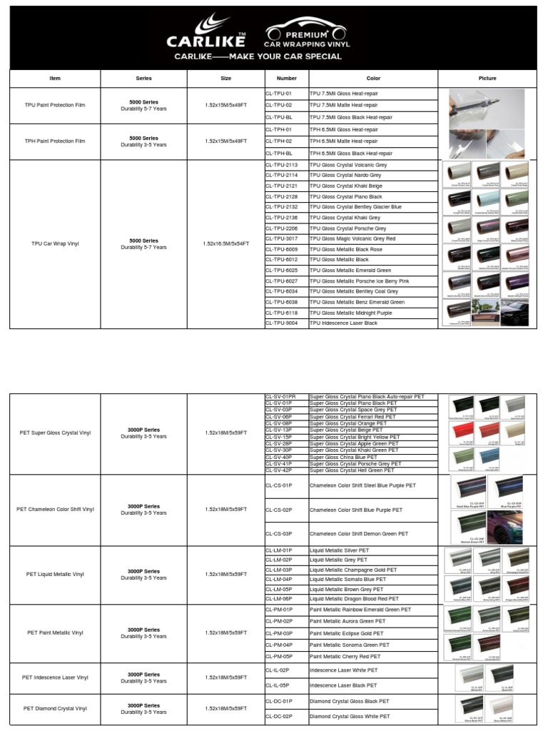 CARLIKE Car Wrapping Vinyl Catalog | PDF | Green | Blue