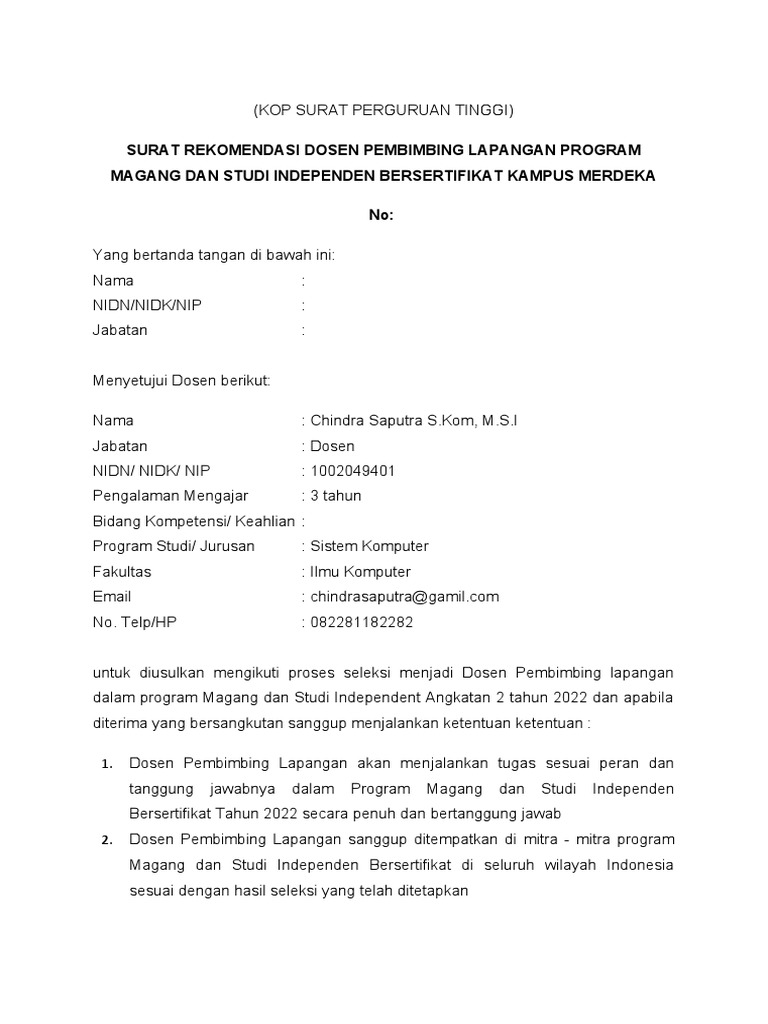 (Format) Surat Rekomendasi PT Untuk DPL Program MSIB Batch 2 | PDF