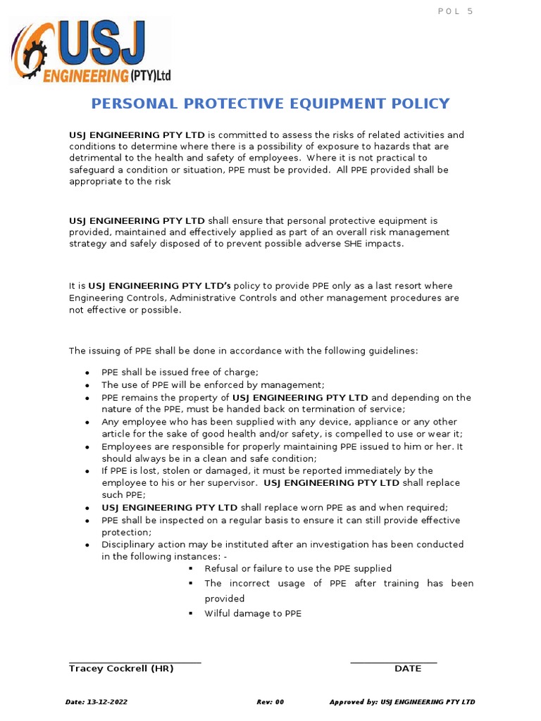 Ppe Policy | PDF | Personal Protective Equipment | Applied Ethics
