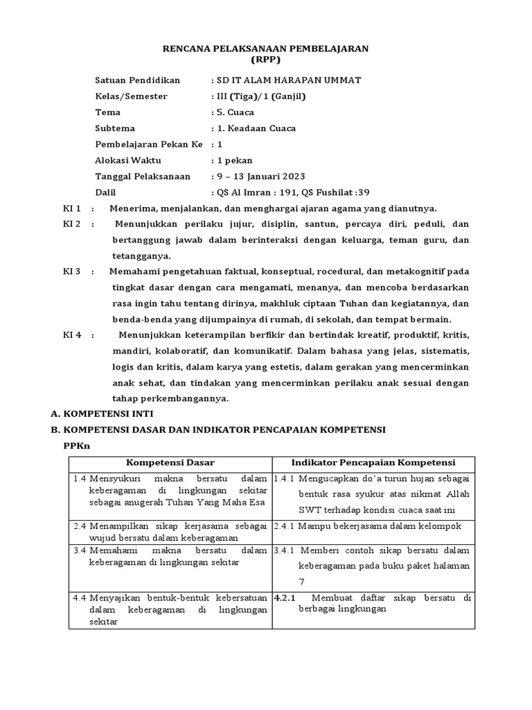 RPP Tema 5 Subtema 1 | PDF