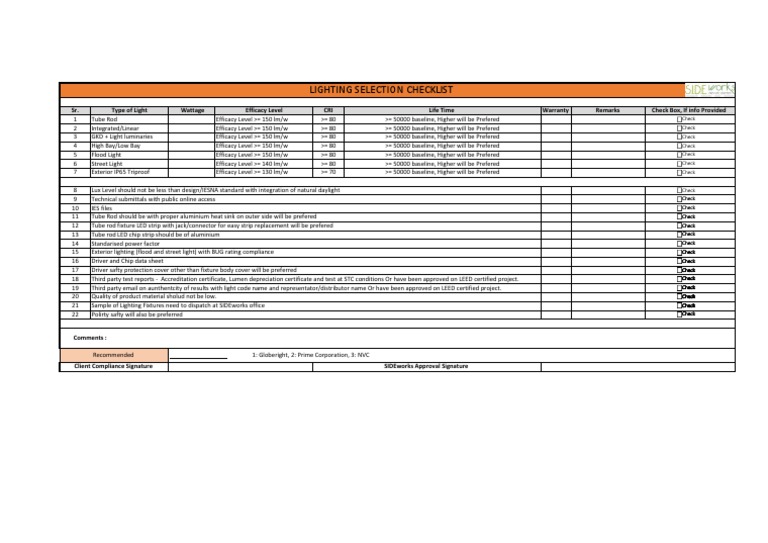 Lighting Selection Checklist | PDF | Lighting | Light
