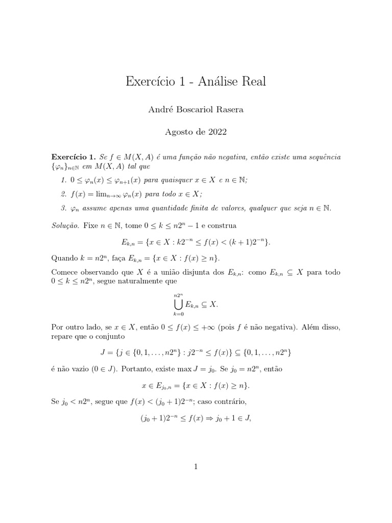 Exercício 1 - Análise Real | PDF | Matemática | Conceitos matemáticos