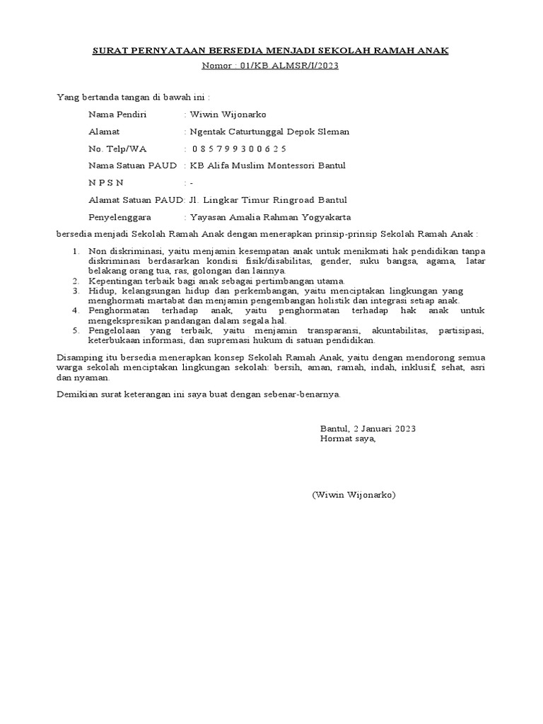 Surat Pernyataan Bersedia Menjadi Sra KB | PDF