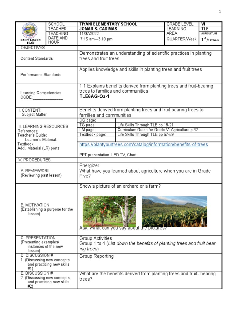 Detailed Lesson Plan in TLE 6 Agriculture - 1 | PDF | Learning | Teachers