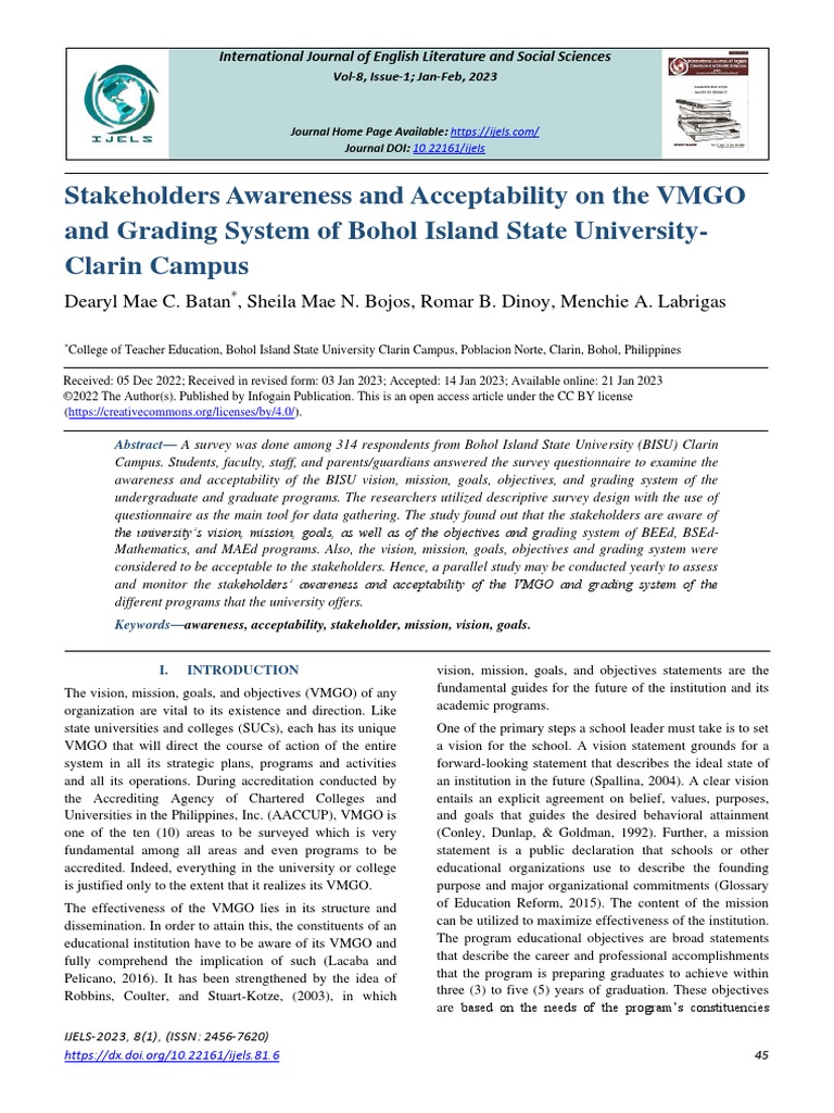 Stakeholders Awareness and Acceptability On The VMGO and Grading System ...