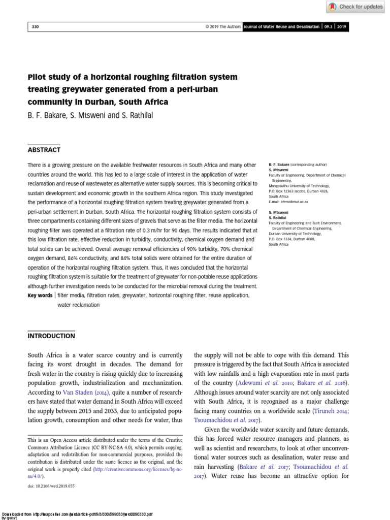 CLASSIC Pilot Study of A Horizontal Roughing Filtration System For ...