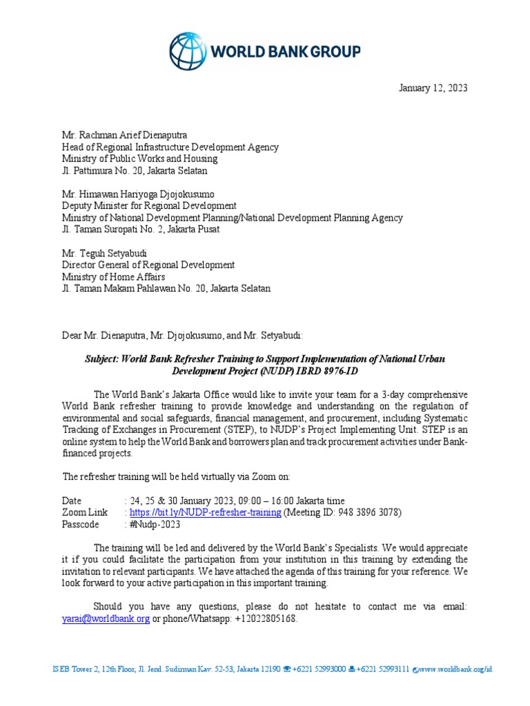 IBRD 8976 NUDP Invitation Letter Refresher Training | PDF | World Bank ...
