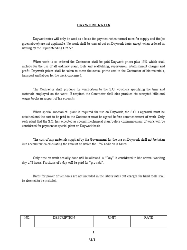 Daywork Rates + Prices Basic Material | PDF | Employment | Concrete