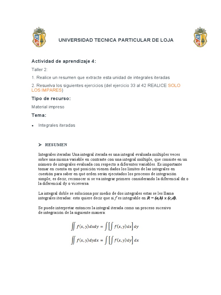 Taller 2 Integrales Iteradas | PDF