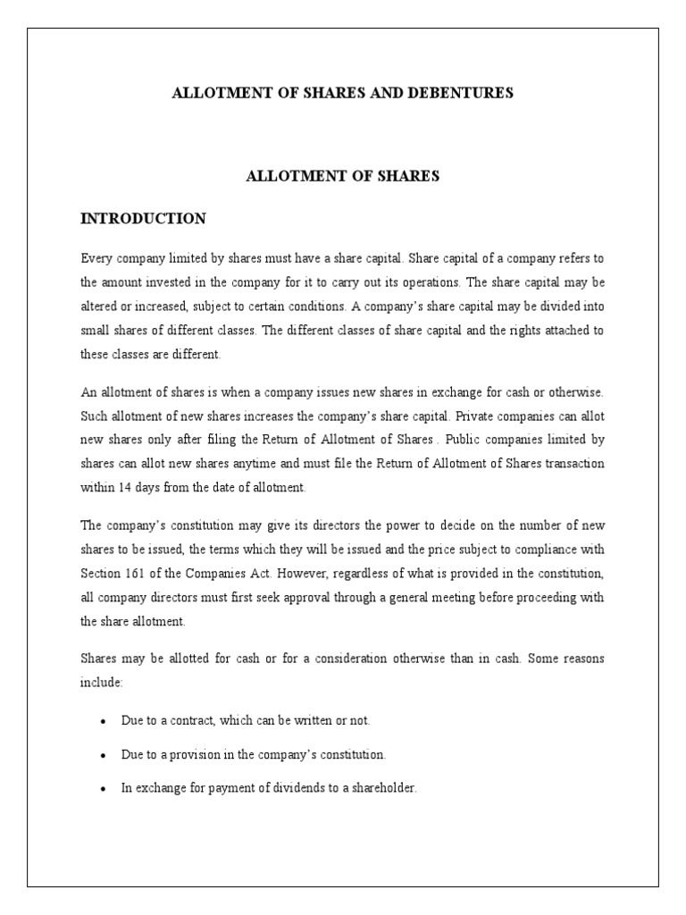 Allotment Of Shares And Debentures Pdf Securities Finance