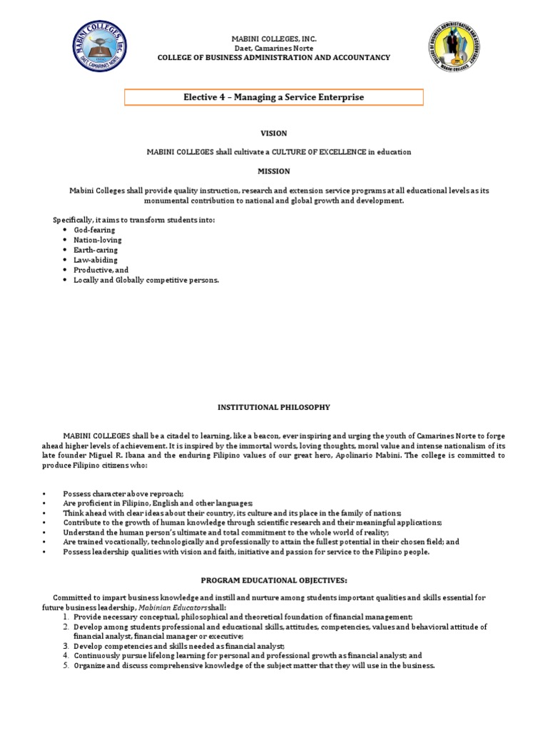 Elec 4 Managing A Service Enterprise Syllabus | PDF | Entrepreneurship ...