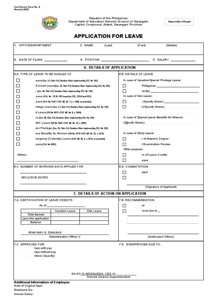 Leave Form CS Form No. 6 Revised 2020 | PDF | Sick Leave | Parental Leave
