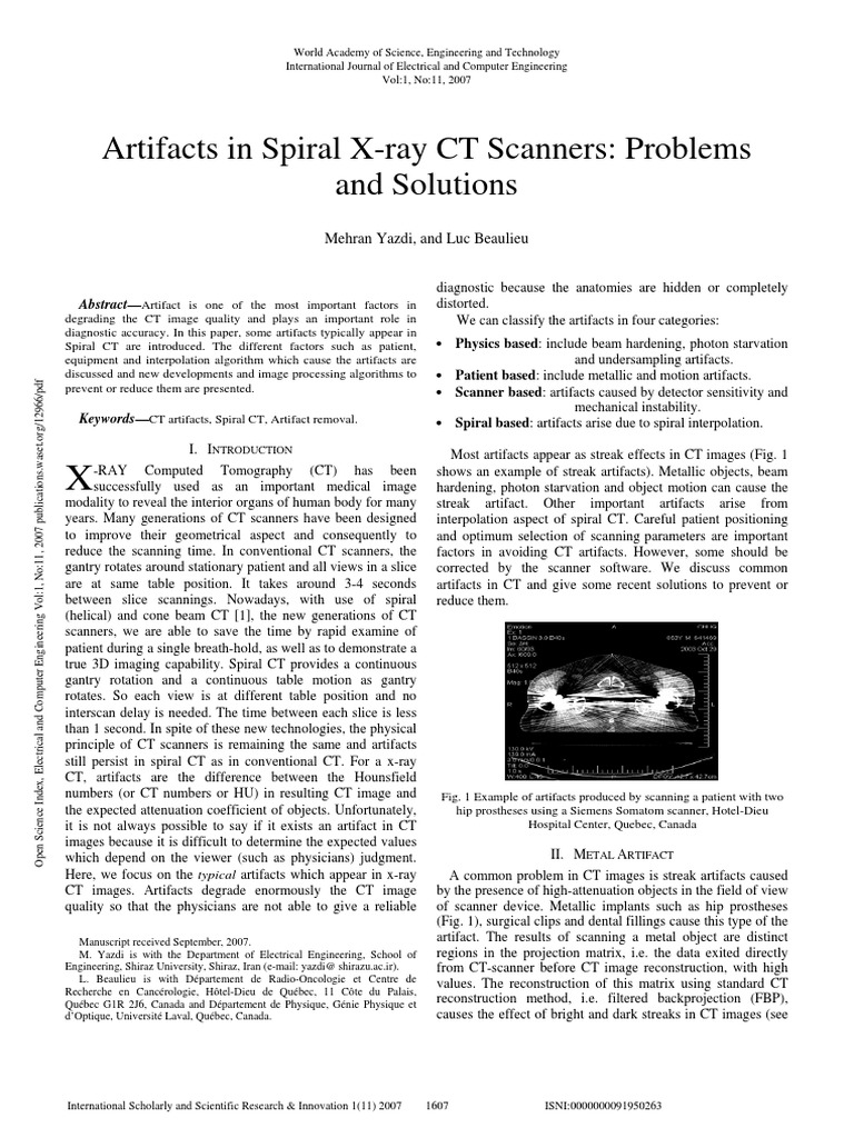 Artifacts in Spiral X Ray CT Scanners Problems and Solutions | PDF | Ct ...