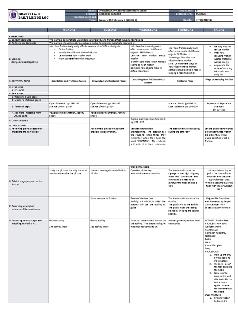 DLL - Science 6 - Q3 - W1 | PDF | Friction | Learning