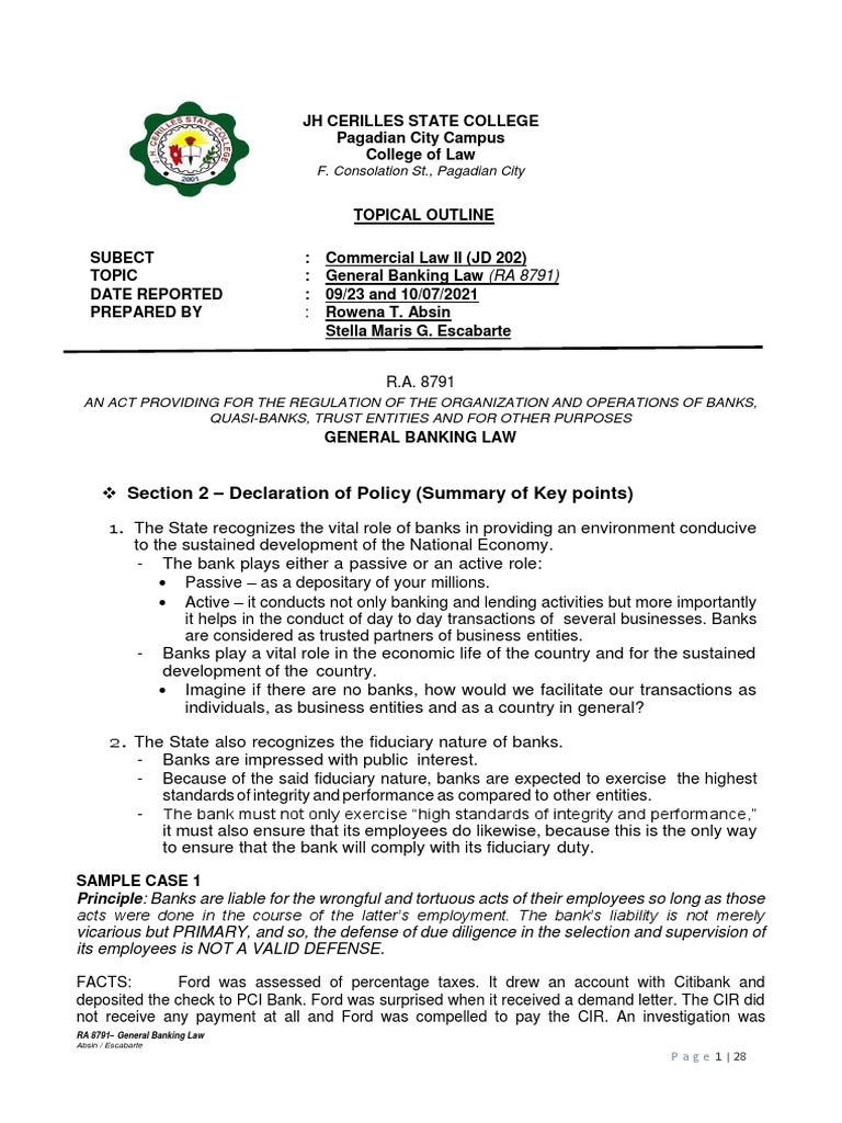 General Banking Law Outline on RA 8791 | PDF | Loans | Banks