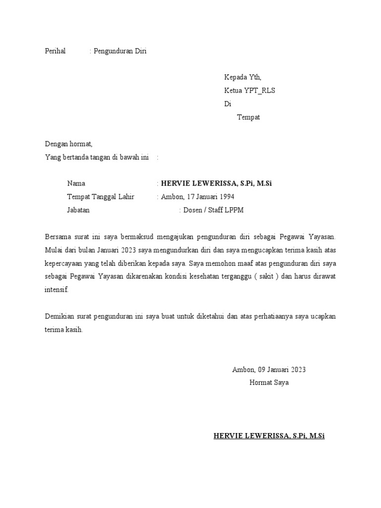 Surat Pengunduran Diri Hervie | PDF