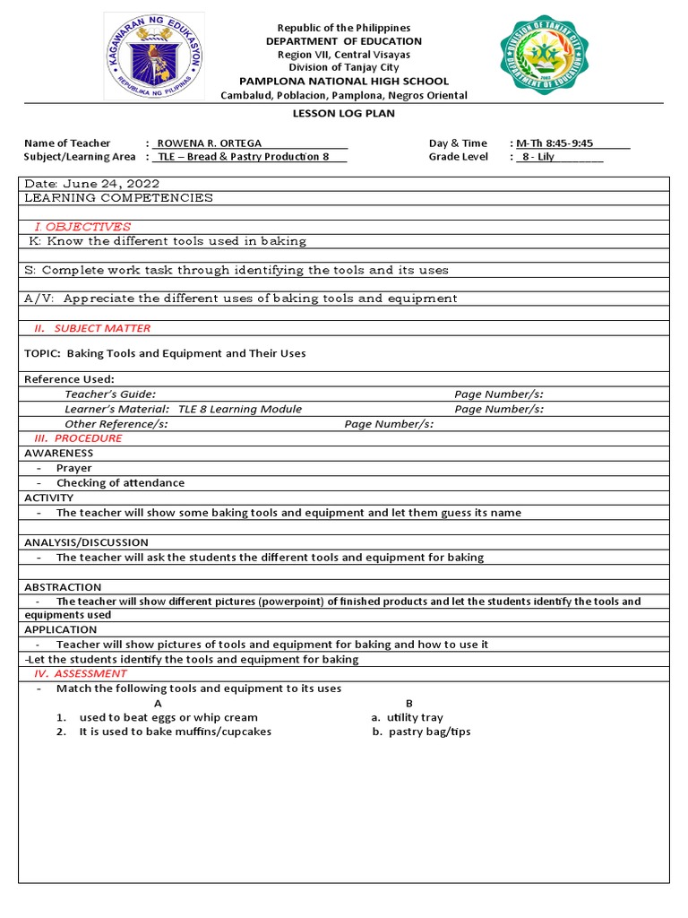 Baking Tools and Equipment Lesson Plan | PDF | Cakes | Baking