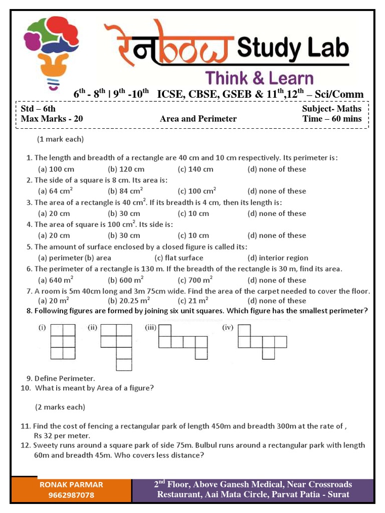 Area and Perimeter Class 6 | PDF | Area | Length